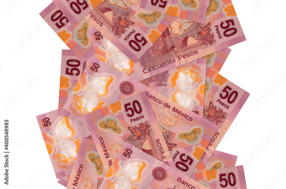 50 mexican pesos bills flying down isolated on white. Many banknotes ...