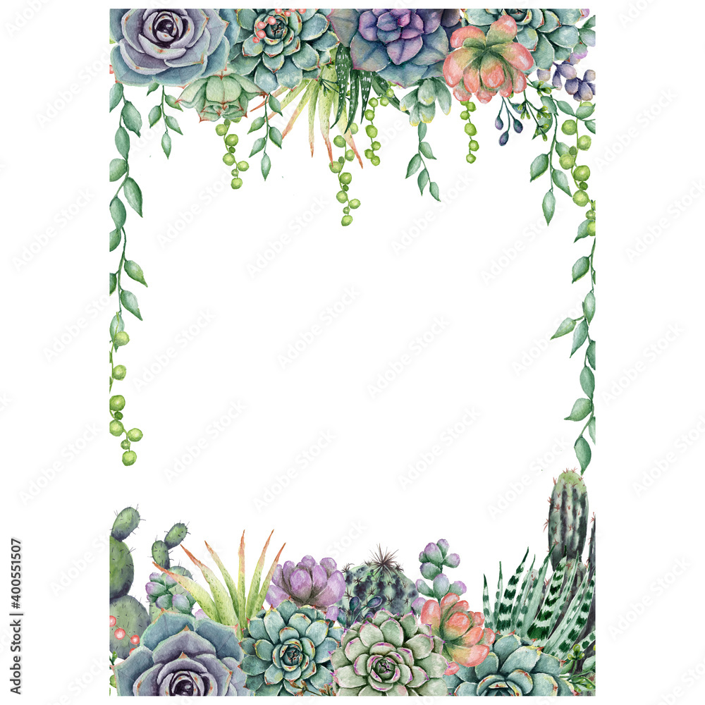 Watercolor succulent rectangle frame. Hand painted green and violet ...