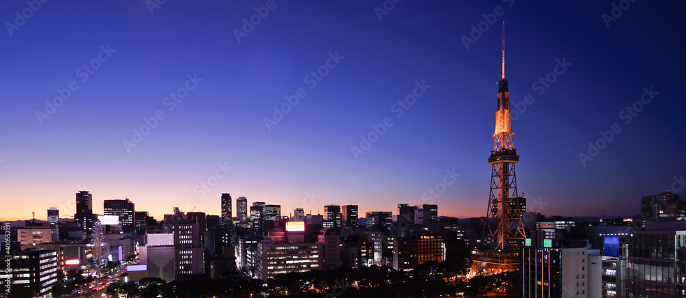 Panorama view Nagoya downtown and Nagoya TV tower skyline at twilight ...