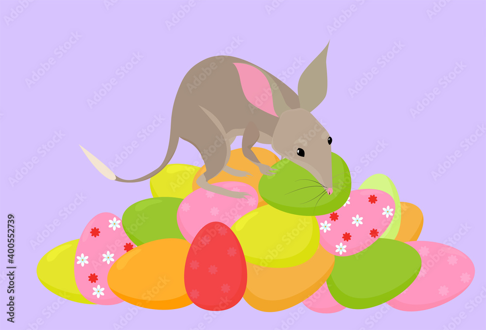 Cartoon illustration of cute bilby mascot on heap Easter eggs, little ...