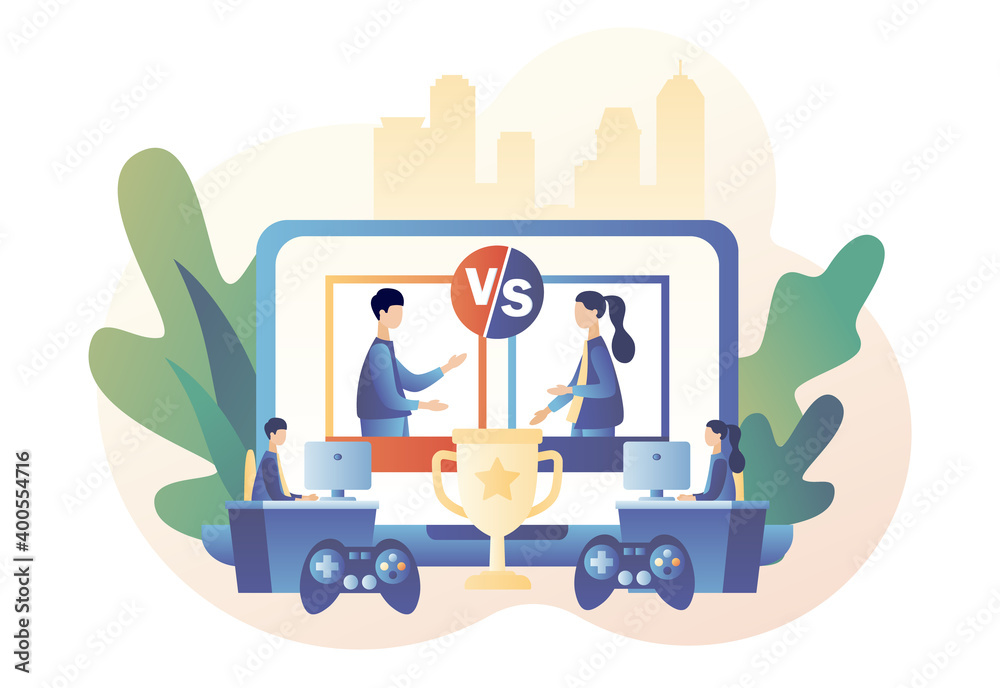 Cybersport and E-sport concept. Professional gamers at video game ...