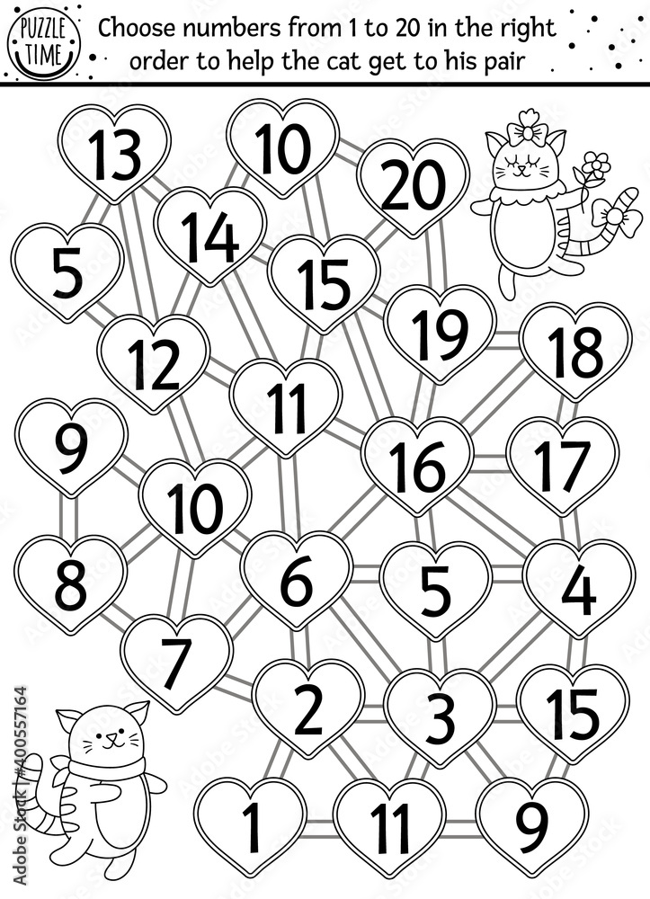 Saint Valentine day black and white counting maze for children. Holiday ...
