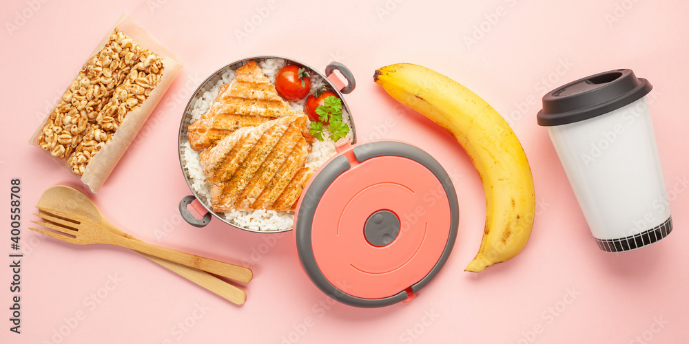 Healthy lunch at office workplace. Takeaway lunch boxes with nutrition ...