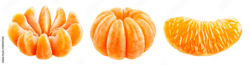 Set of three peeled tangerines isolated on white background with ...