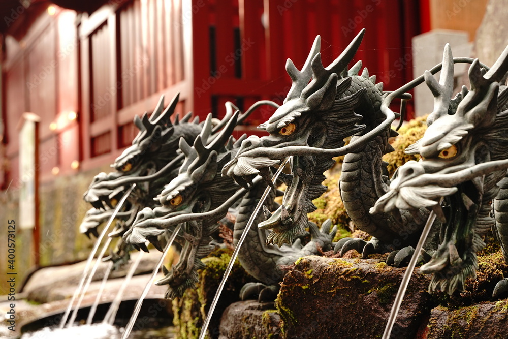 Nine head dragon statue water server at hand washing place of Kuzuryu ...