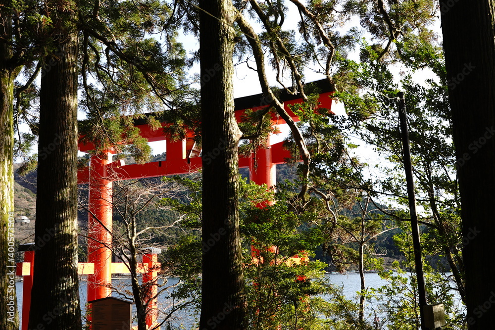 Japanese red big torii gate of Hakone Jinja Shrine at Hakone Kanagawa ...