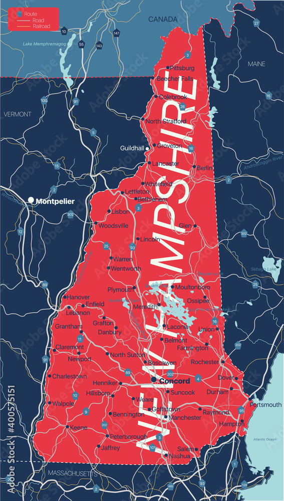 New Hampshire state detailed editable map with cities and towns ...