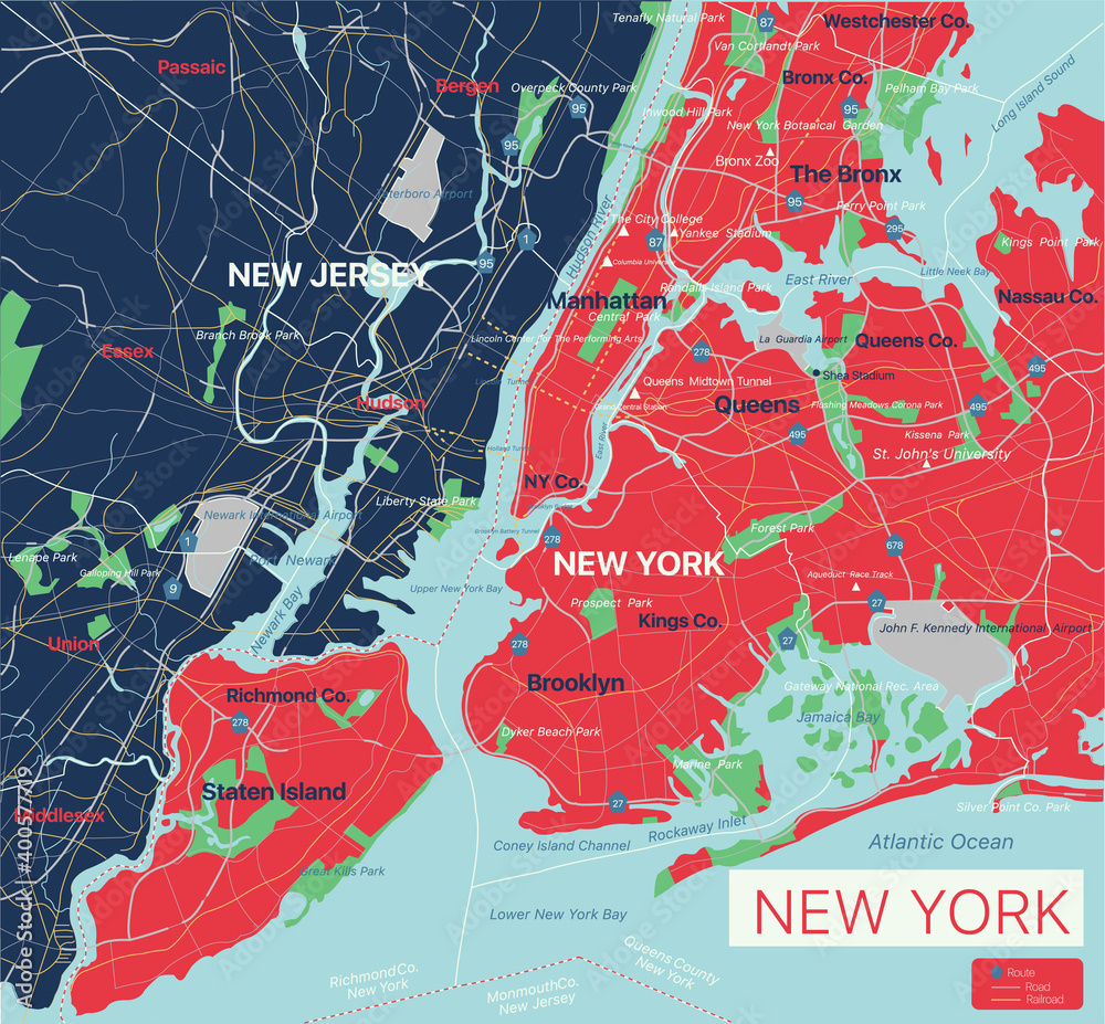 New York city detailed editable map with cities and towns, geographic ...