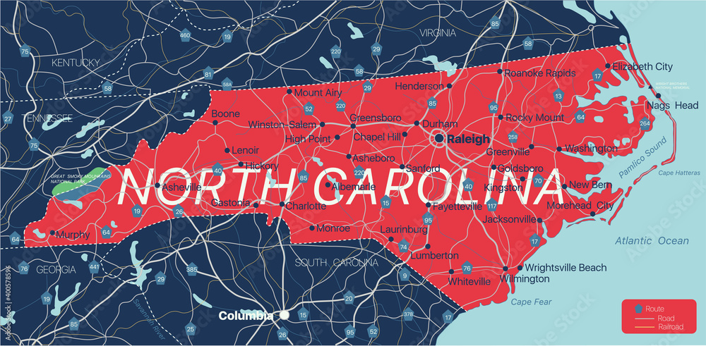 North Carolina state detailed editable map with cities and towns ...