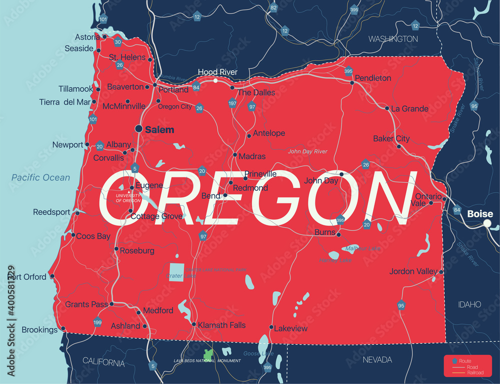 Oregon state detailed editable map with cities and towns, geographic ...