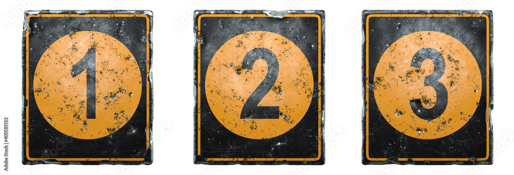 Set of public road sign orange and black color with a numbers 1, 2, 3 ...