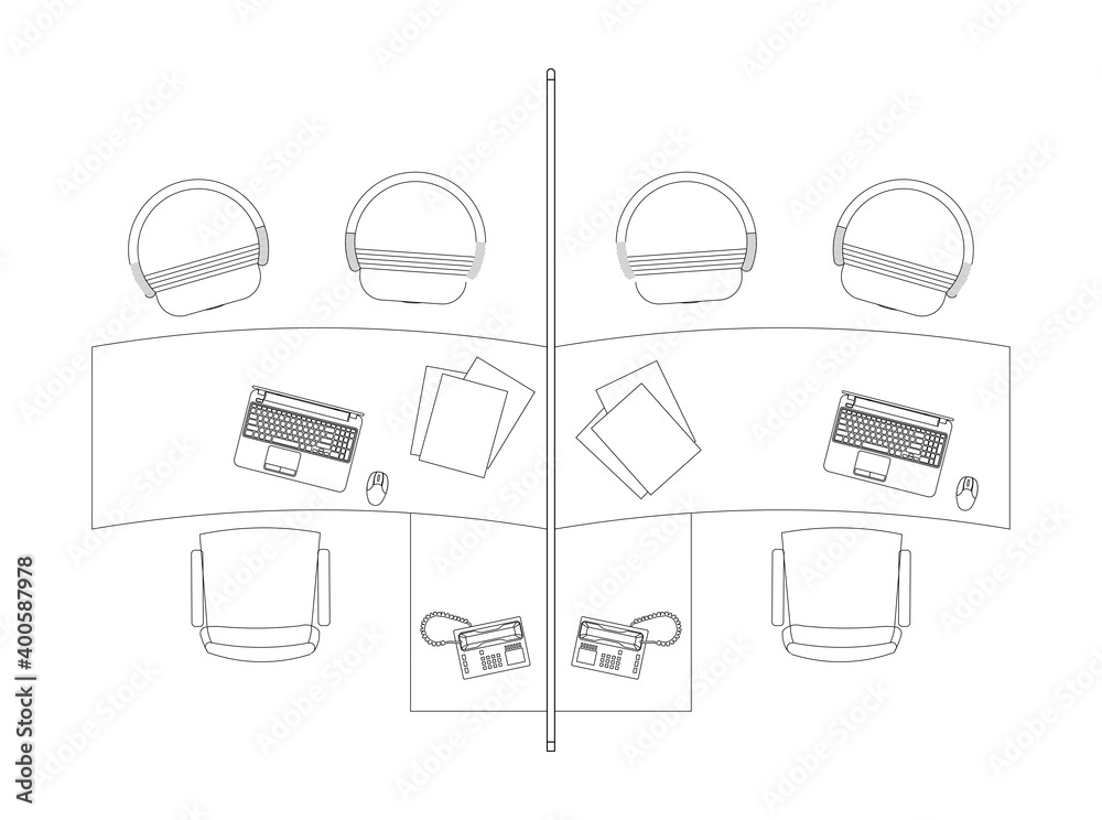 Image of office cubicle and workstation from above in 2D CAD drawing ...