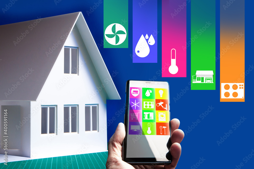 Smart home concept in bright colors. Smartphone with home automation ...