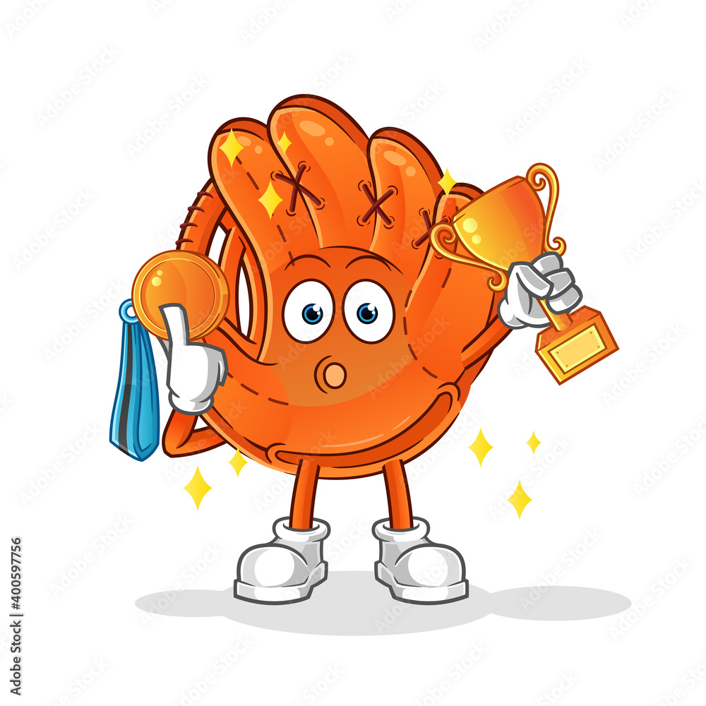 baseball glove winner with trophie and medal vector. cartoon character ...
