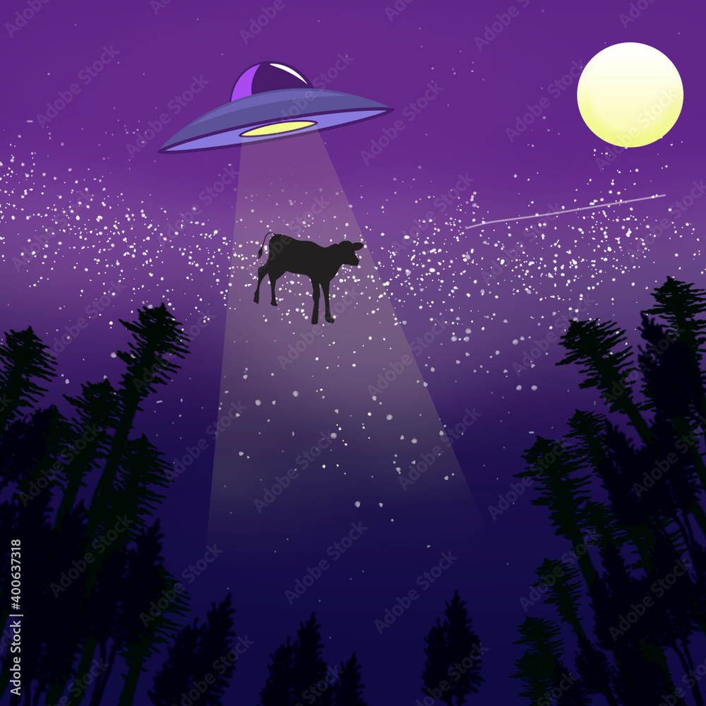 Ovni abduciendo una vaca en medio de la noche Stock Illustration ...