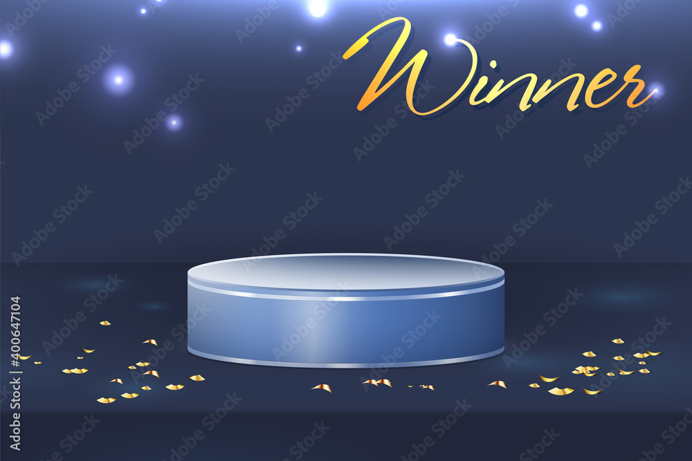 Round winner podium with golden glitters around on bright blue ...