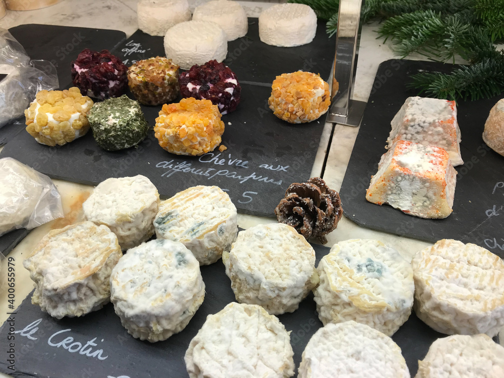 plate with various moldy French goat cheeses - goat and crotin cheese ...