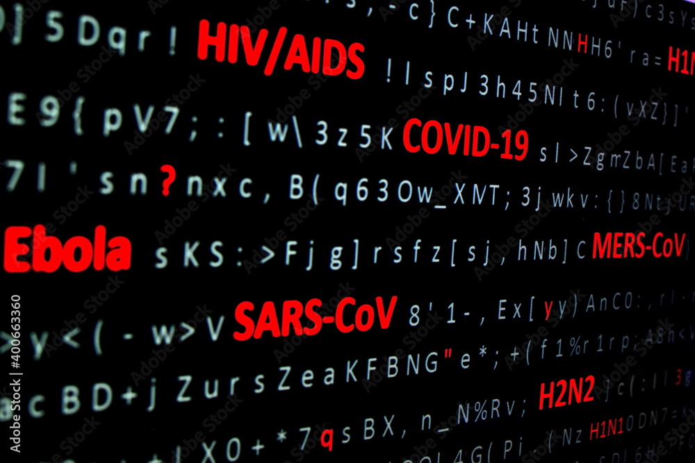 on screen of pc monitor string of words aids, sars, mers, ebola, covid denoting types ...