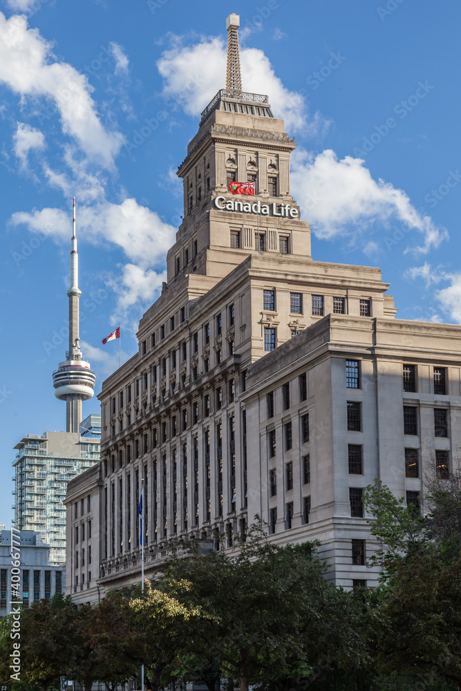TORONTO, CANADA - JUNE 24, 2017: Upper part of Canada Life Building ...