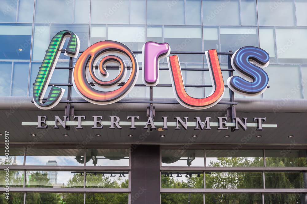 TORONTO, CANADA - JULY 1, 2017: Sign of the Corus Entertainment on the ...