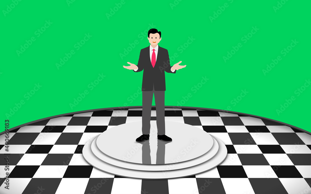 broadcaster on the white stand with green screen in lcd background in ...