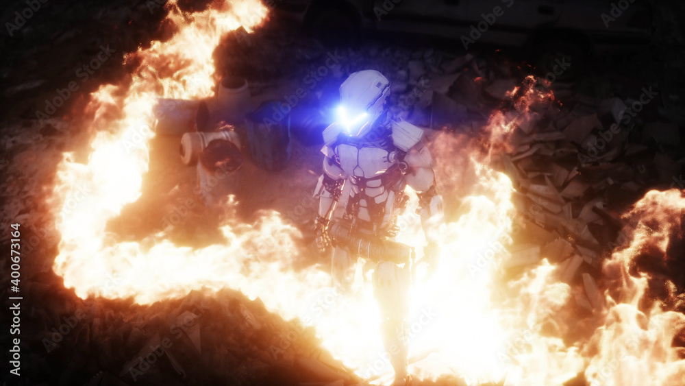 Military robot in a burning ruined apocalyptic city. Armageddon view ...