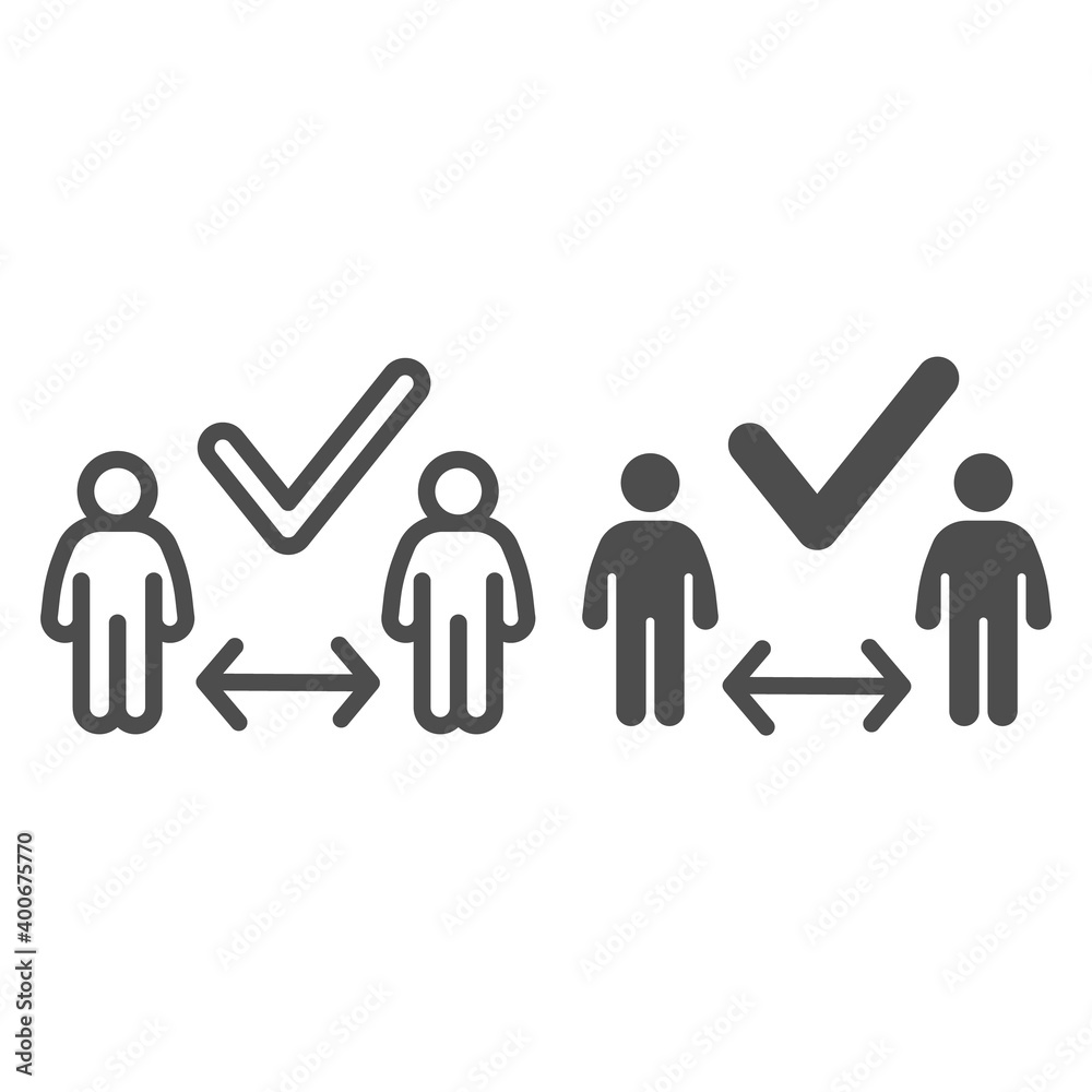 Two people in right distance line and solid icon, social distancing ...