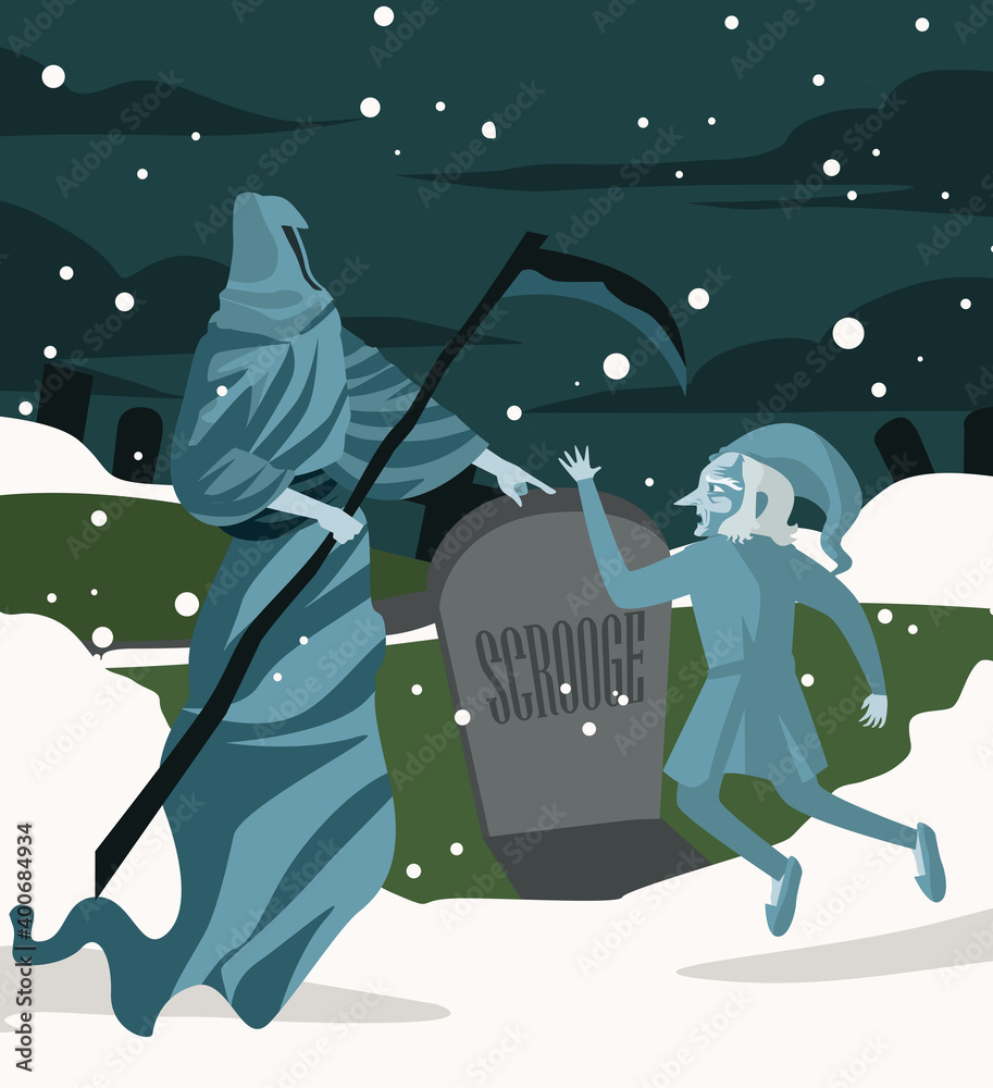 christmas carol tale with death ghost and old man in cemetery Stock ...