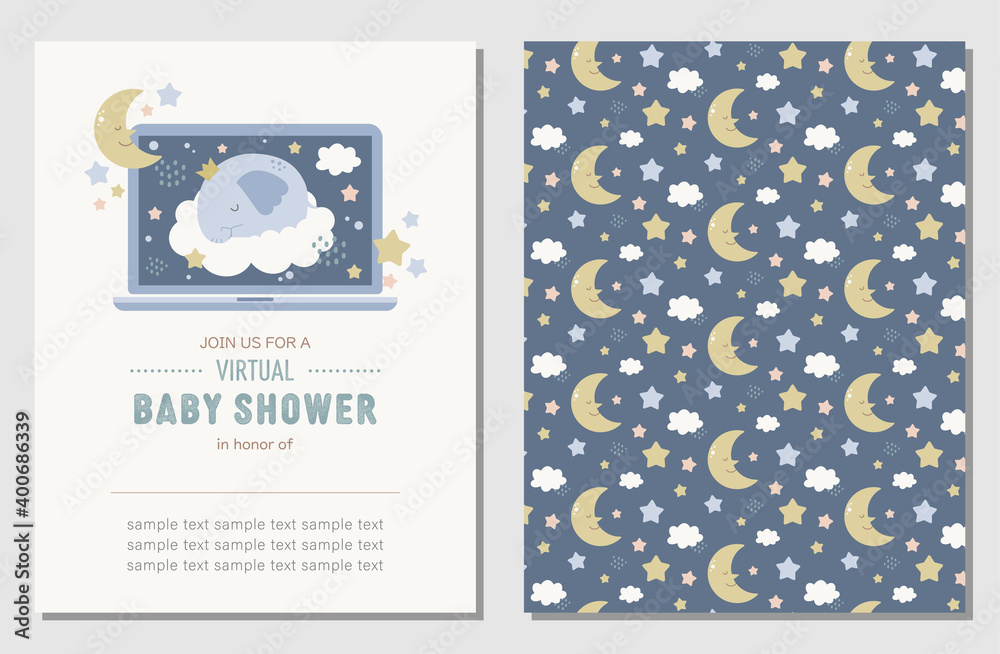Virtual baby shower invitation card and coordinated pattern with cute ...