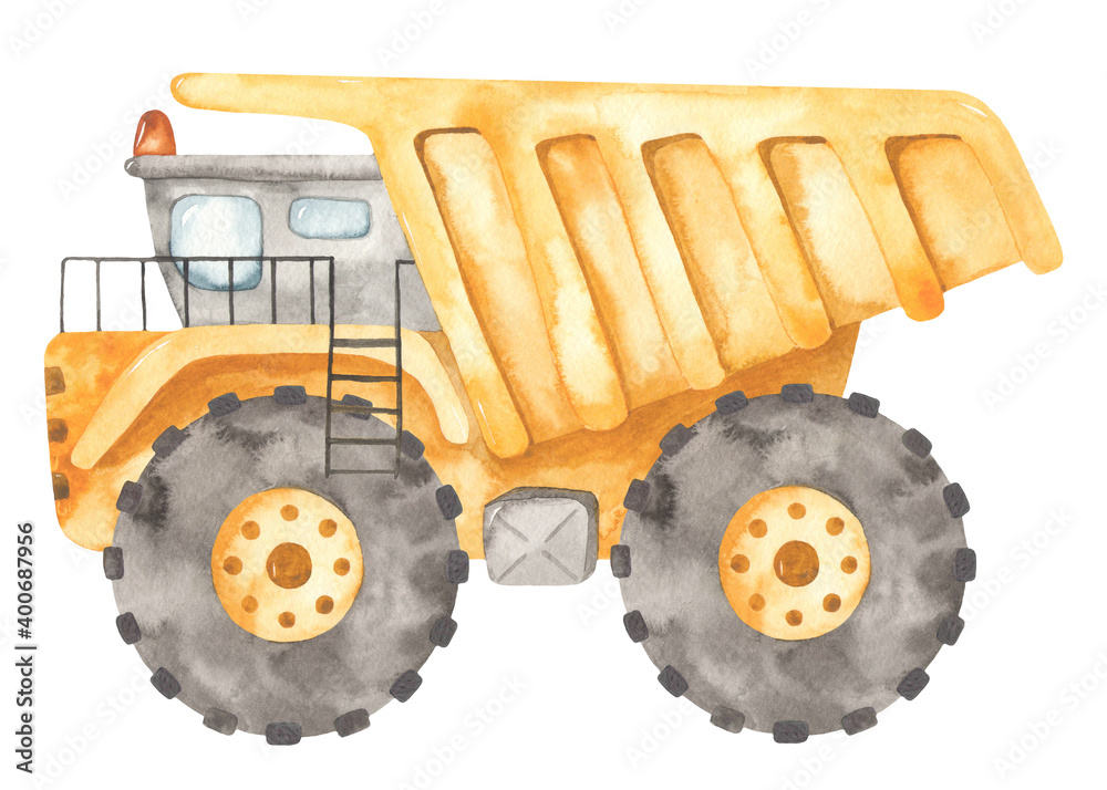 Watercolor construction machines. Dump truck, mining dump truck. Stock ...