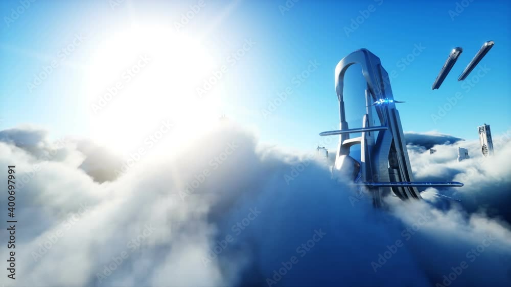 Futuristic sci fi city in clouds. Utopia. concept of the future. Flying ...