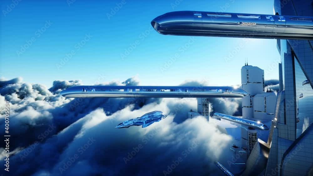 Flying passenger train. Futuristic sci fi city in clouds. Utopia ...