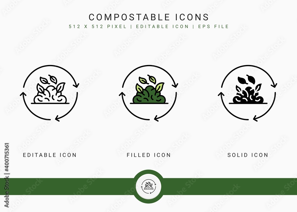 Compostable icons set vector illustration with solid icon line style ...