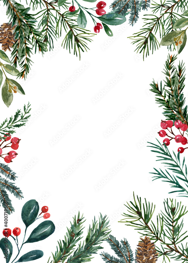 Long border with watercolor hand painted winter greenery, pine, fir ...