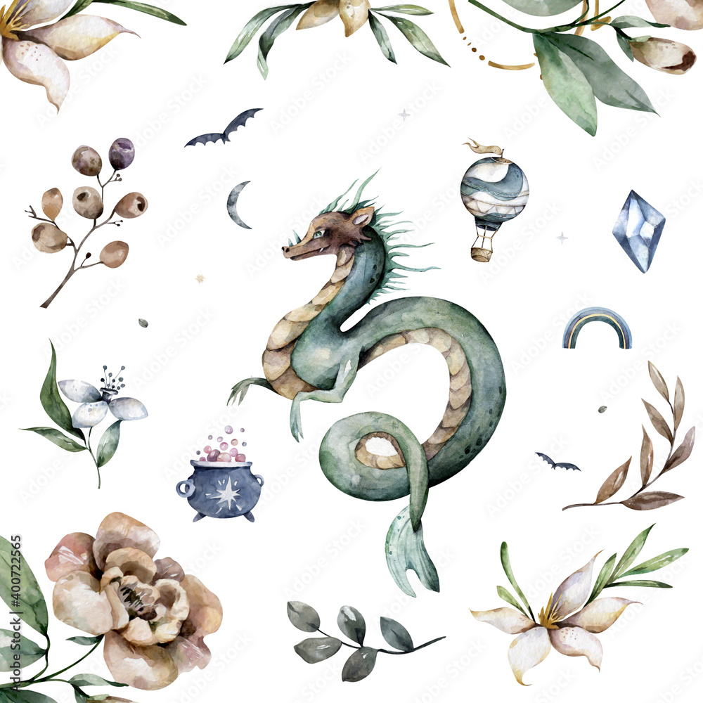 Magic fairy green dragon elements and characters. Hand drawn watercolor ...
