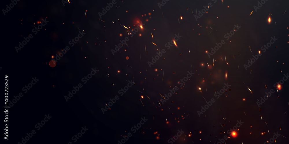 Sparks fly up Glowing particles on a black background and with flames ...