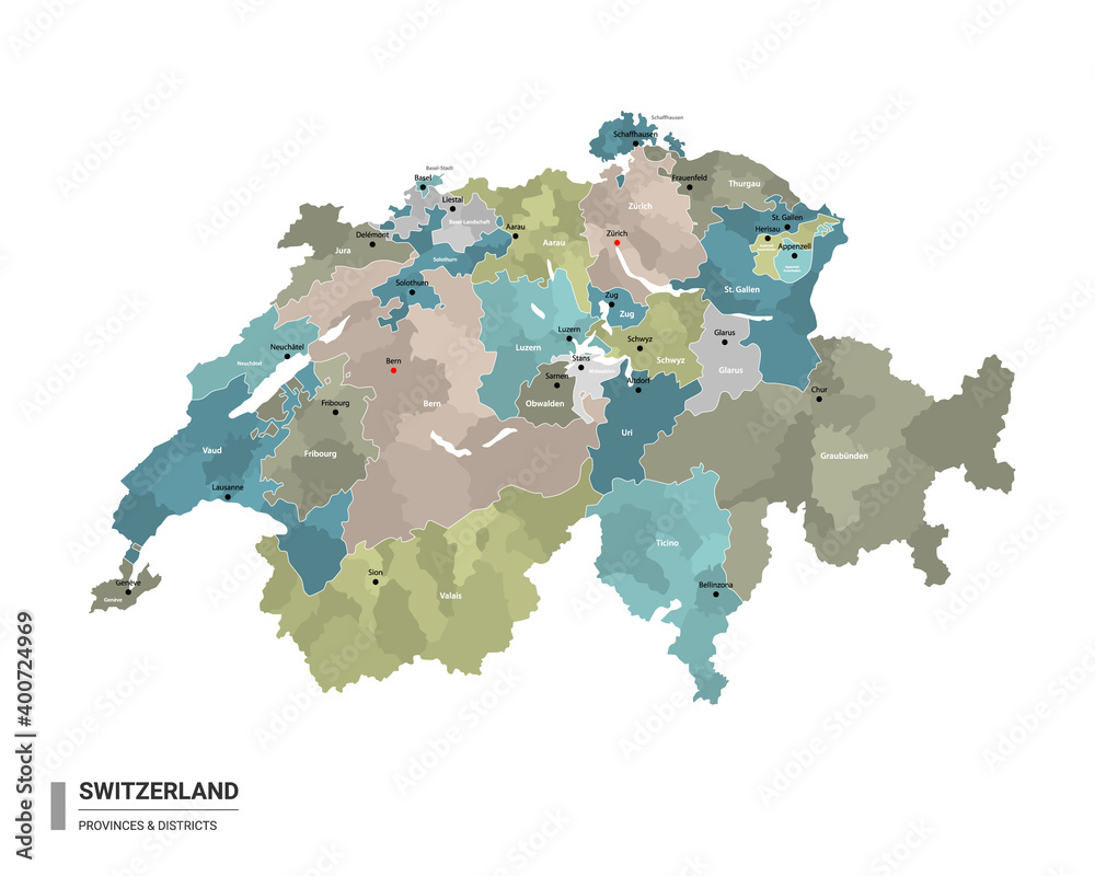 Switzerland higt detailed map with subdivisions. Administrative map of ...