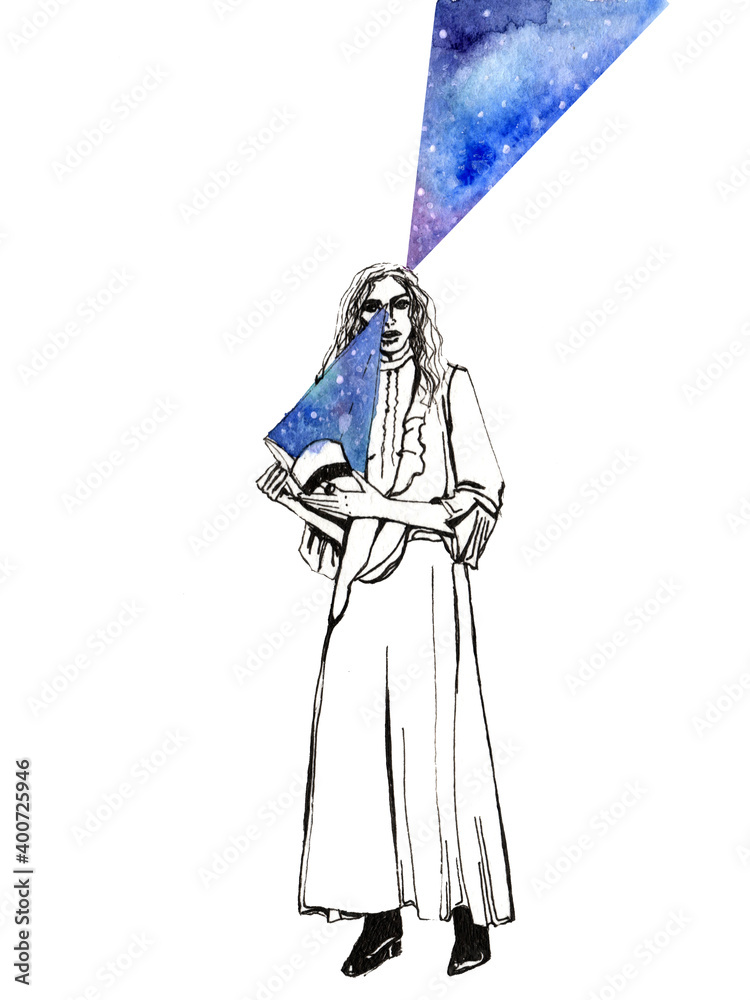 Watercolor, ink hand drawn girl wizard with book and ray from her brain ...