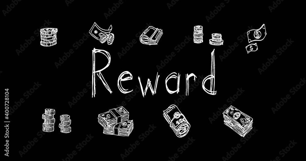 Handwritten word Reward. handmade font design. drawing coins and ...