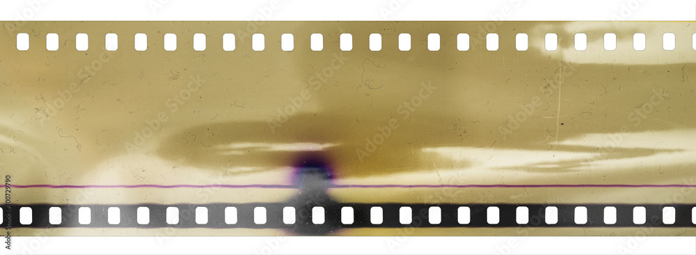 Start of cine 35mm filmstrip, first frame on white background, real scan of film material with ...
