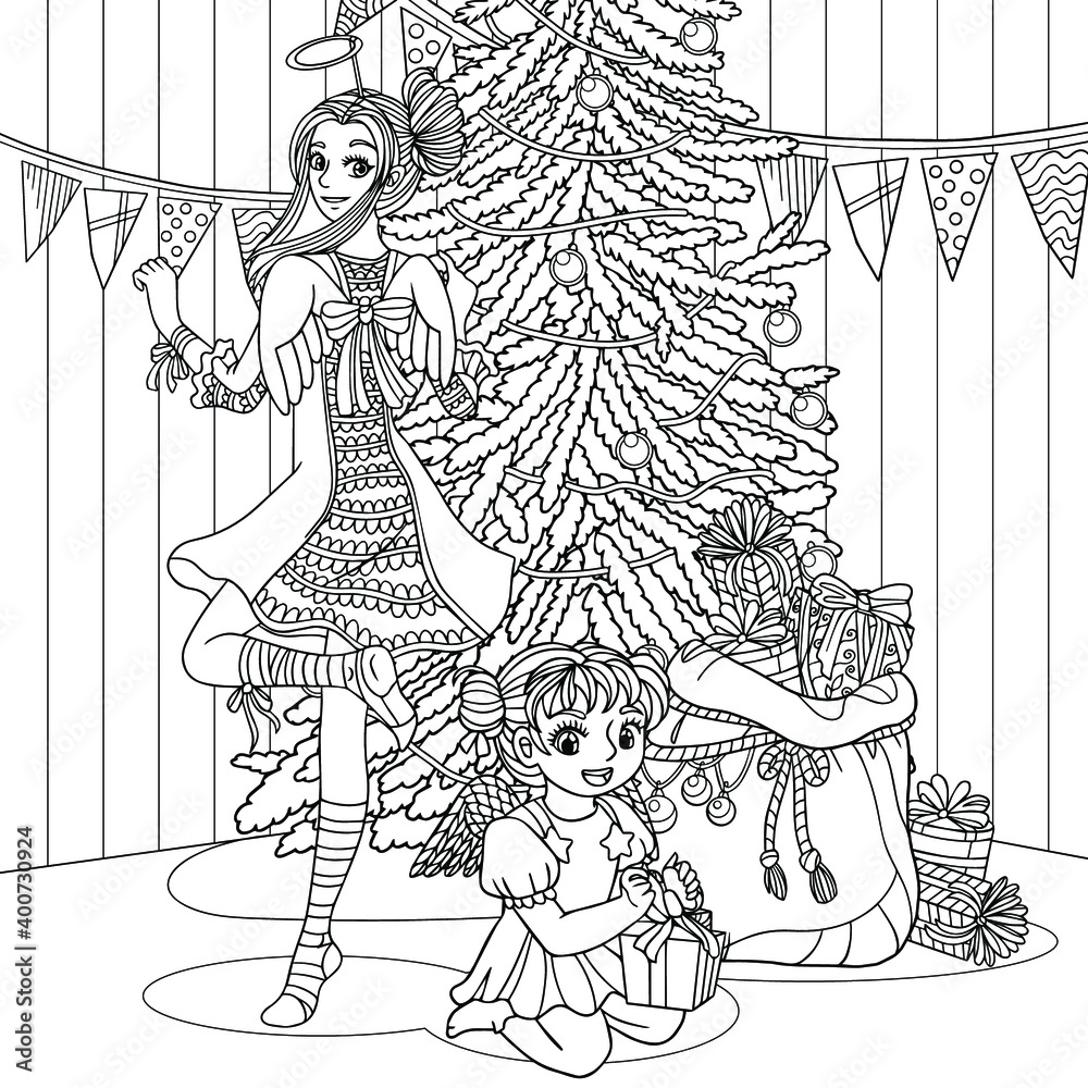 Christmas coloring page for adult. Two girls in angel costume with gift ...