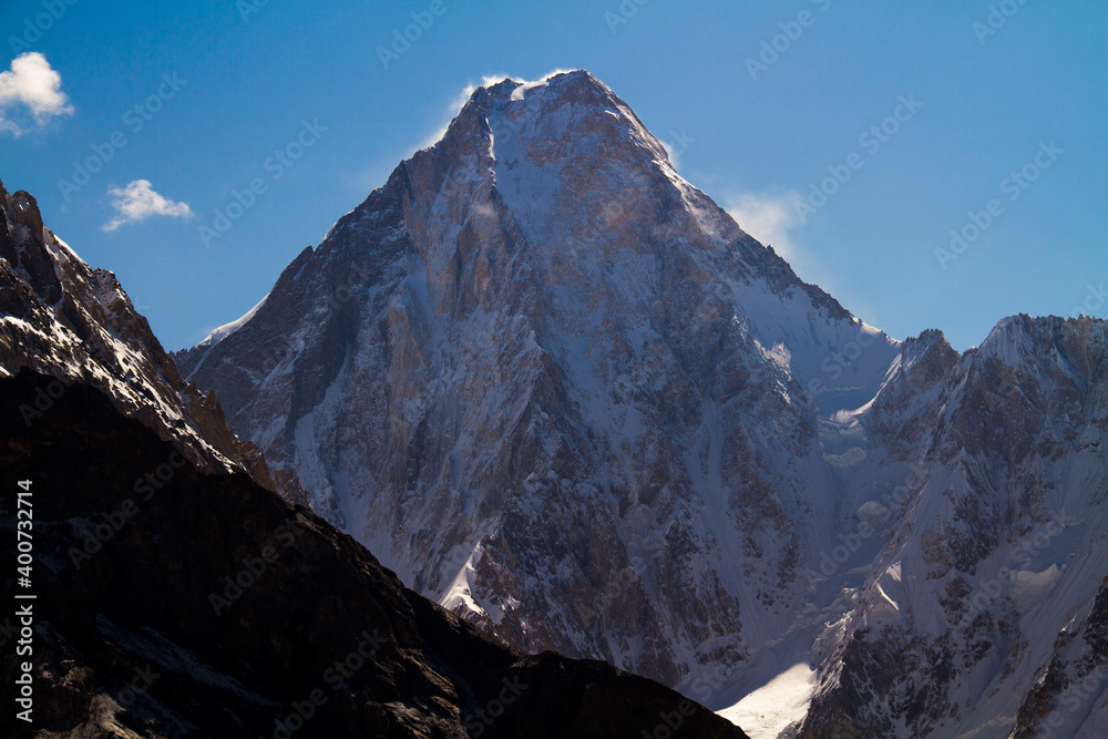 mountain lanscape with white clouds and blue sky, Gasherbrum V is a ...
