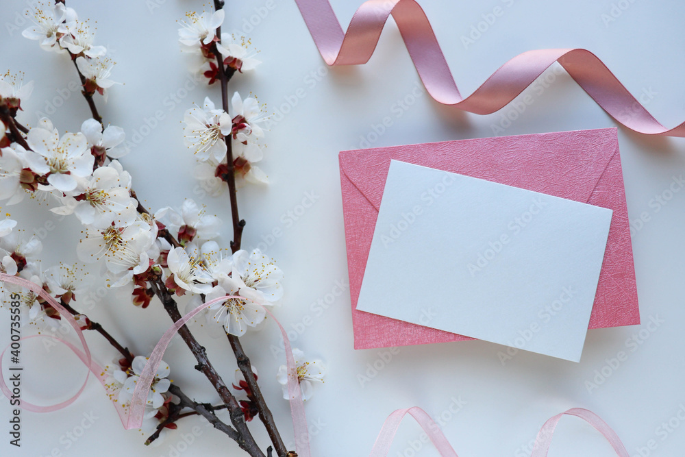 postcard layout. spring composition. floral frame made of branches ...