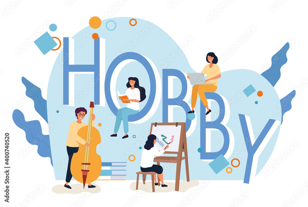 People and hobby icons around the giant letters HOBBY . Flat cartoon ...