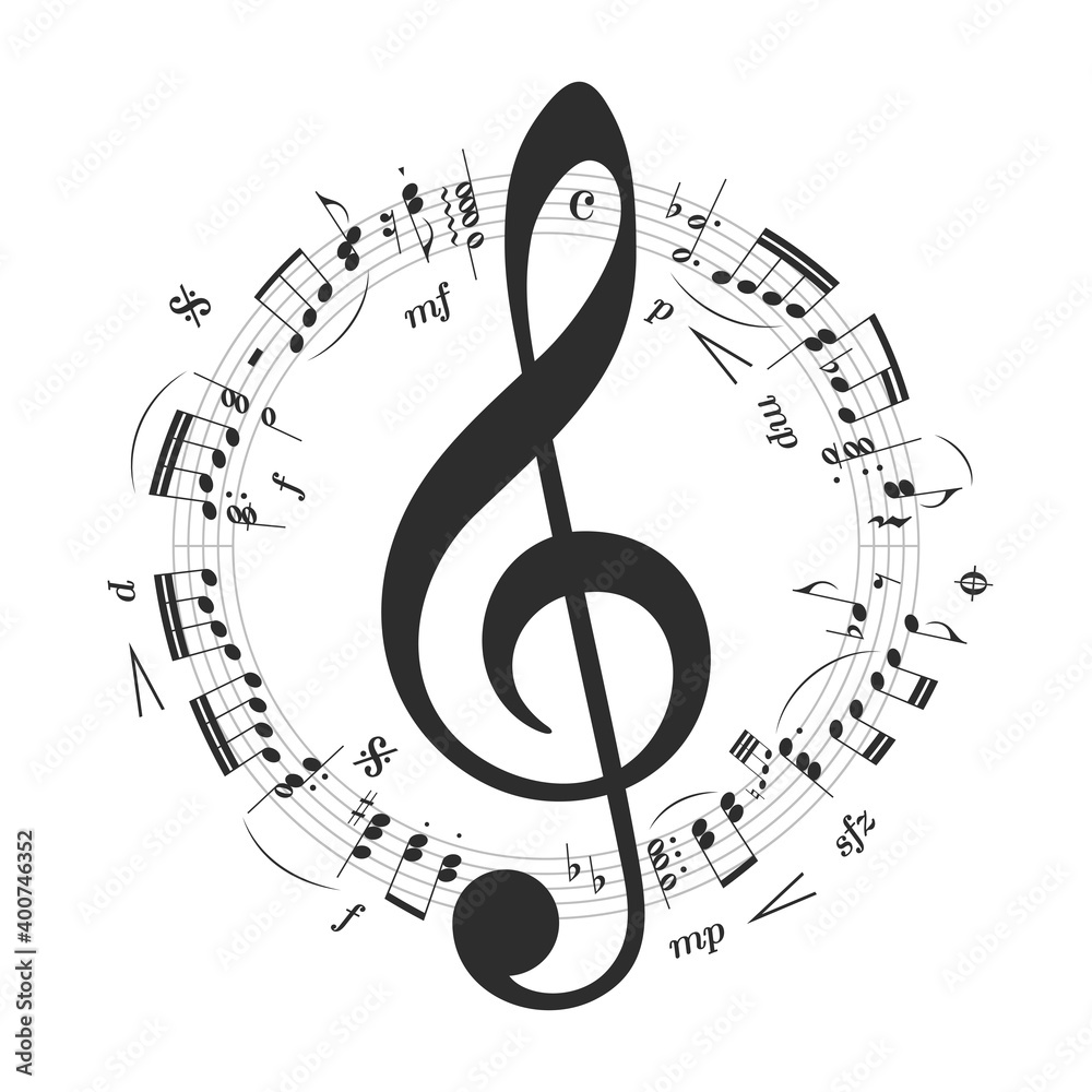 vector illustration with musical notation symbols, treble G-clef, clef ...