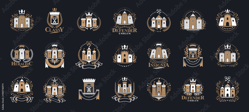 Vintage castles vector logos or emblems, heraldic design elements big ...