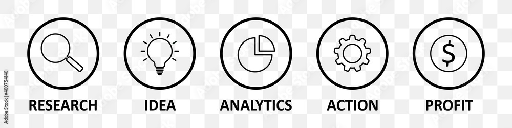 Business process icons. Circles with 5 step structure, pie chart lines ...