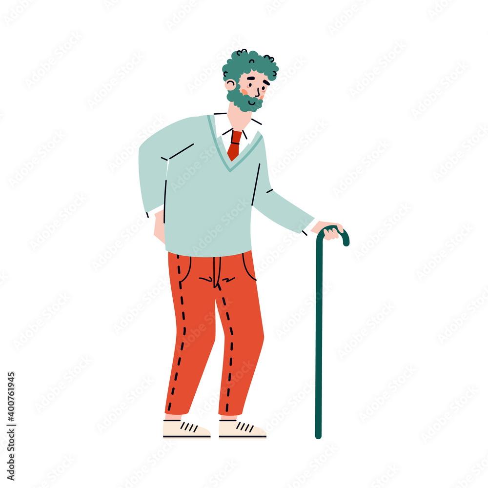 Elderly senior man cartoon character standing leaning on walking stick ...