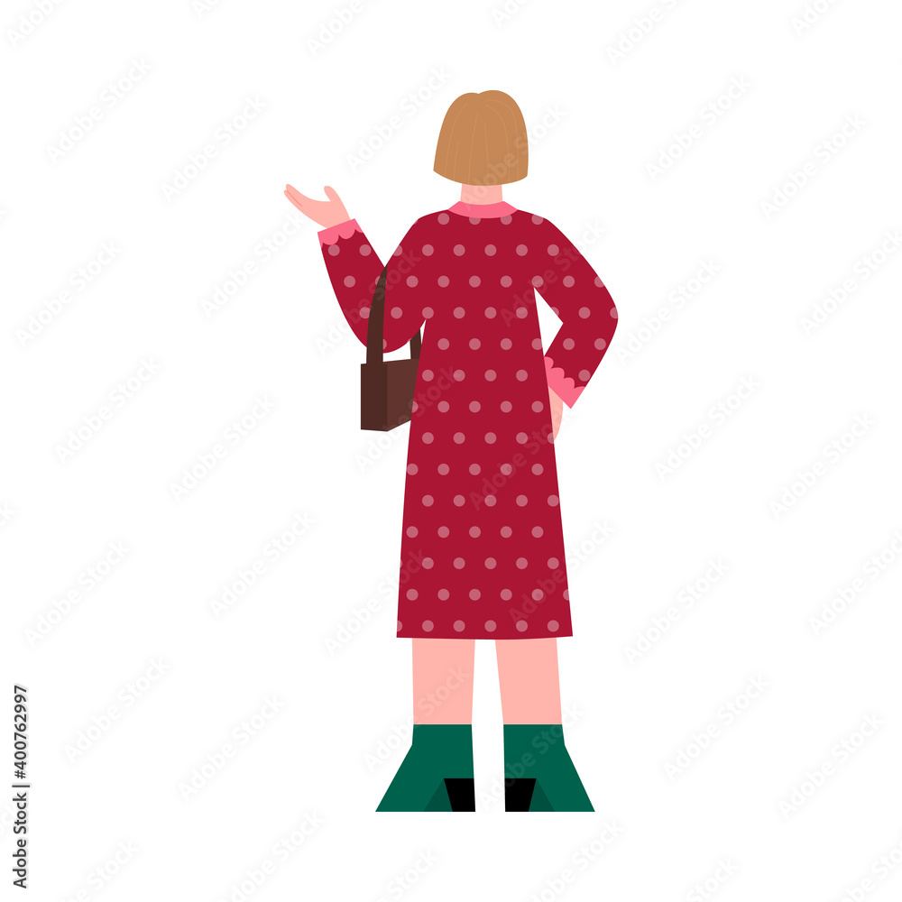 Blond modern woman in red dress standing with her back, cartoon flat ...