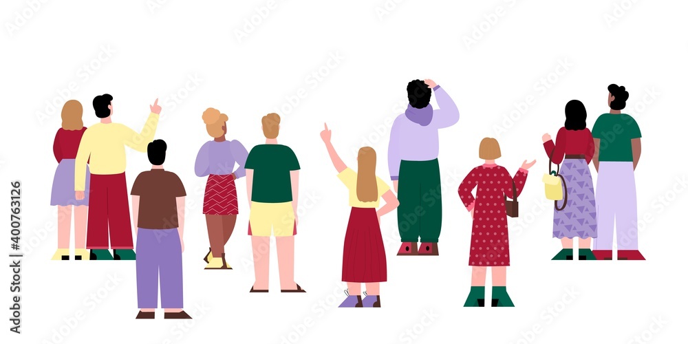 Back view of people standing pair and alone. Crowd of men, women ...